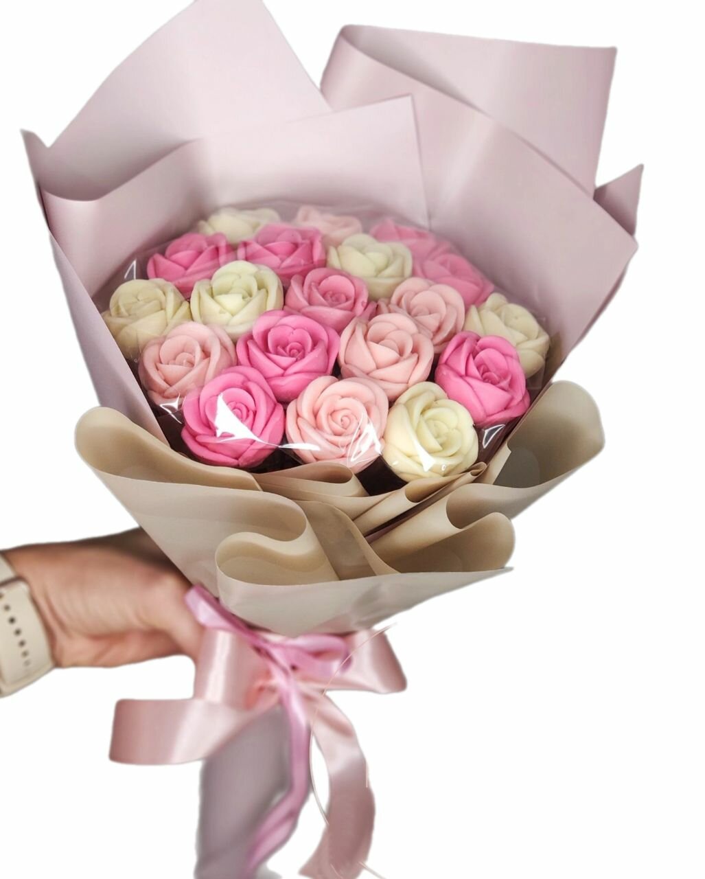 Сладкий букет из конфет ТД НебыковА , 19 шоколадных роз, двойной розовый 228 гр