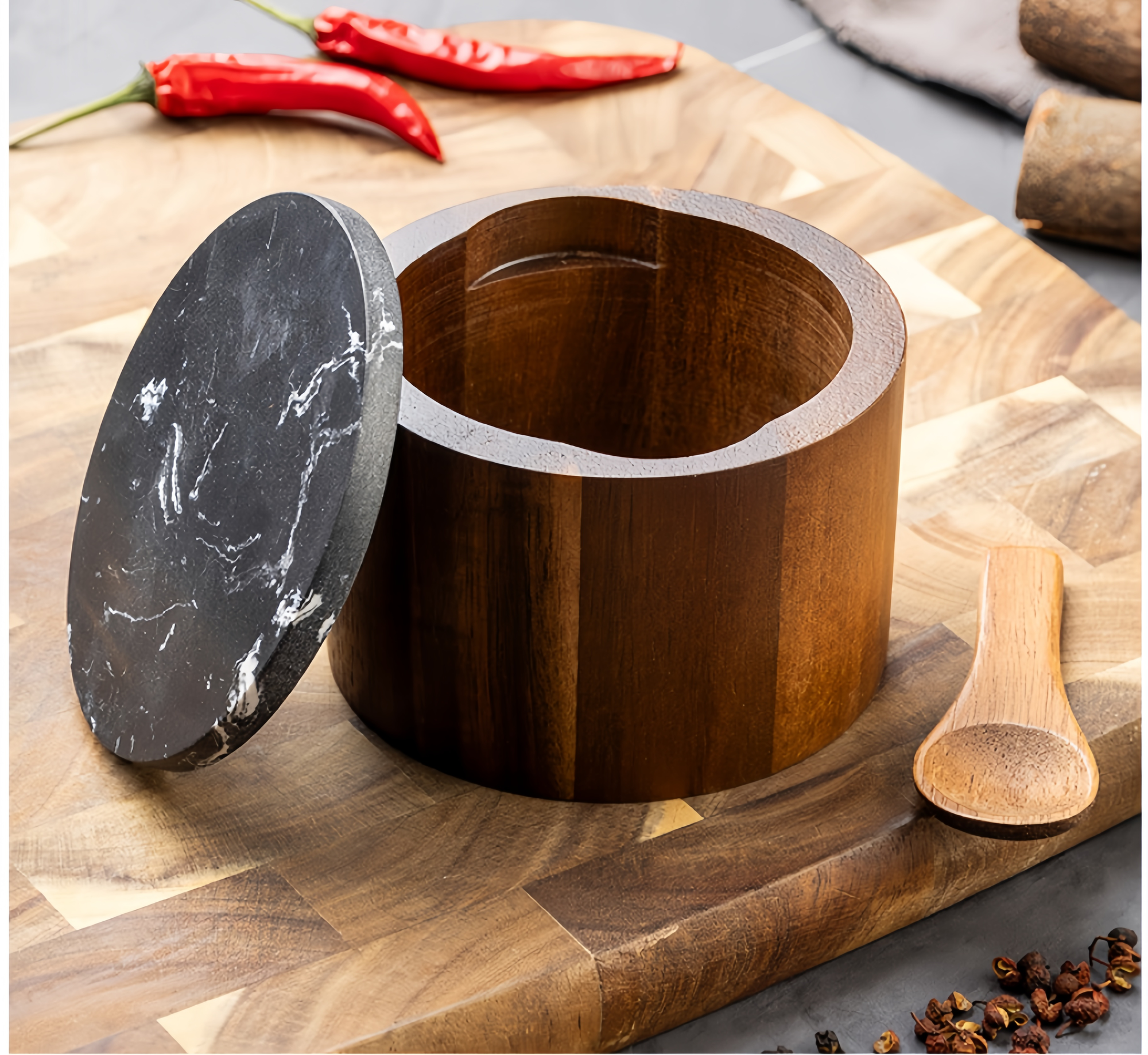 Банка для соли из дерева акации с мраморной крышкой，Одиночная решетка с ложкой，черное，9*6.5CM