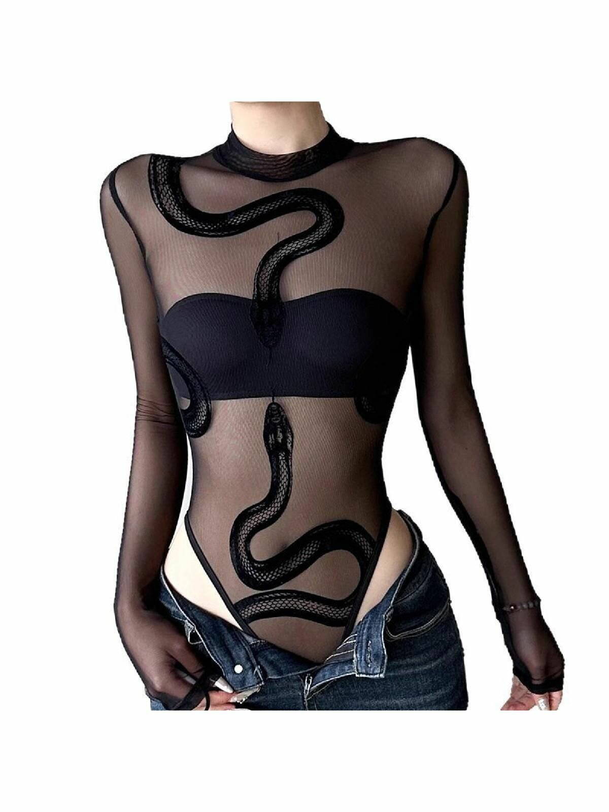 Женский боди с длинным рукавом и прозрачной сеткой, - S