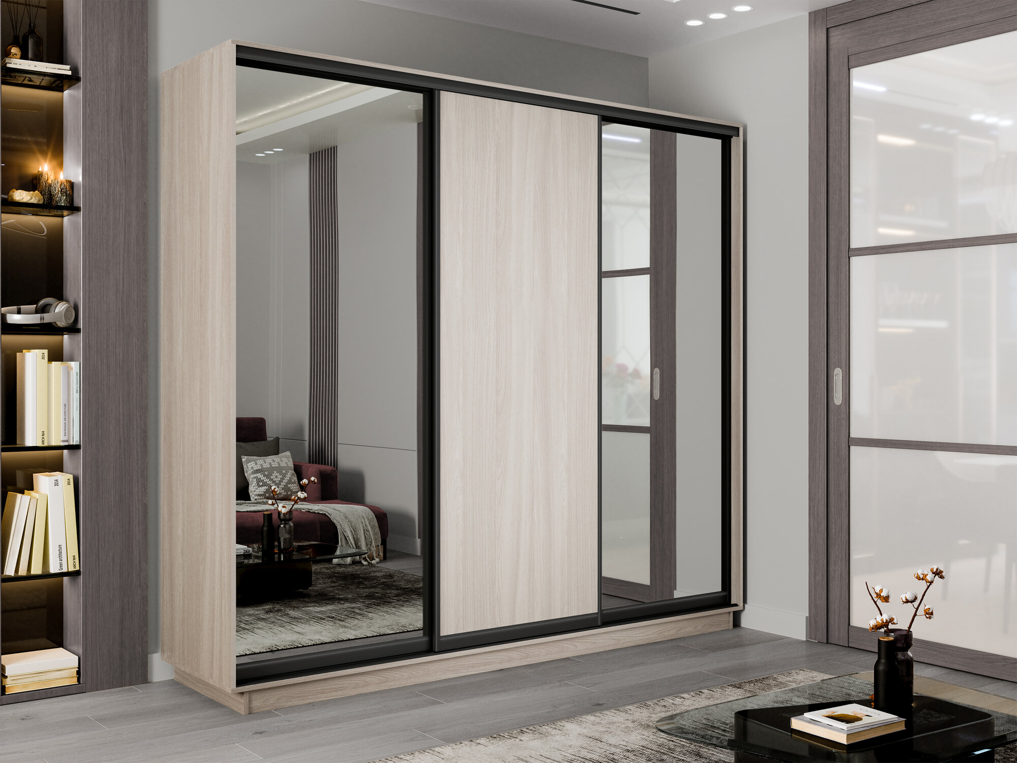 Шкаф купе Вилли 3-х дверный ЛДСП, (2-зеркала/ДСП) , профиль черный 180 см х 220 см х 45 см (Ясень Шимо светлый)