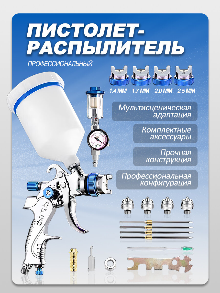 HVLP Пневматический краскопульт, 600 мл, 4 сменные дюзы