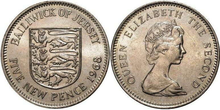 Джерси 5 новых пенсов, 1968 - 1980 Королева Елизавета II XF
