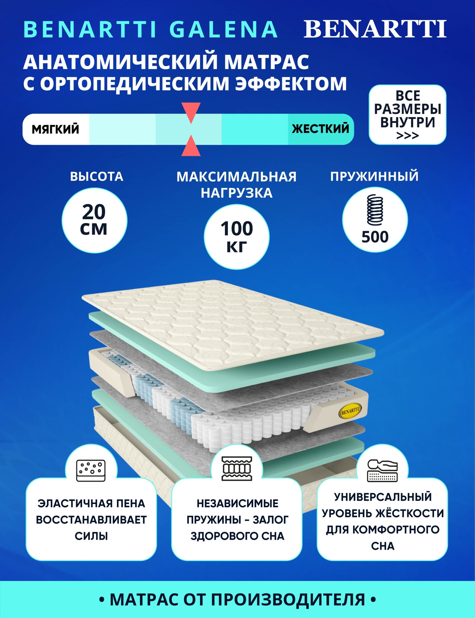 Матрас Benartti Galena 70х185 серии Lux высота 20 см анатомический средней жесткости Независимые пружины