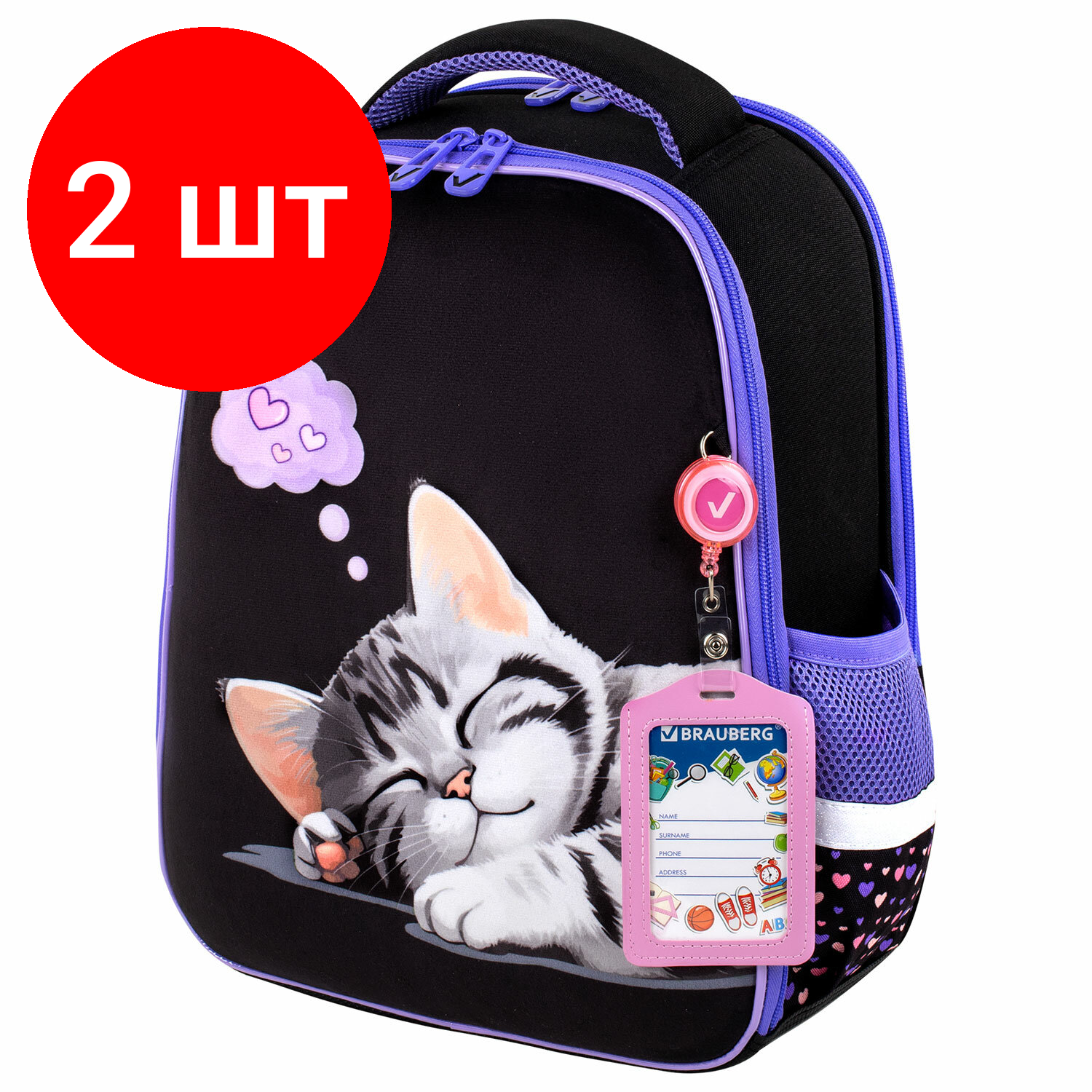 Комплект 2 шт, Ранец BRAUBERG FIT, 2 отделения, Sleeping kitten, велюровая панель, 38х27х14 см, 273107