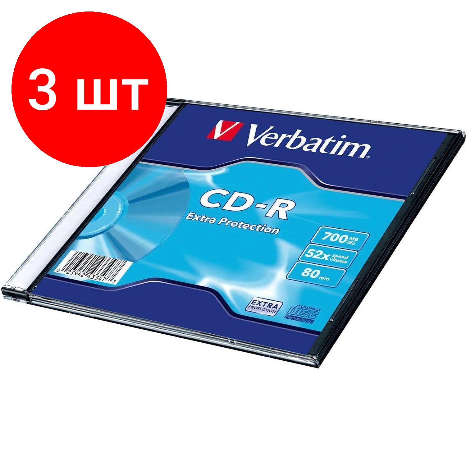 Комплект 3 штук, Носители информации CD-R, 52x, Verbatim Extra Protection, Slim/1, 43347
