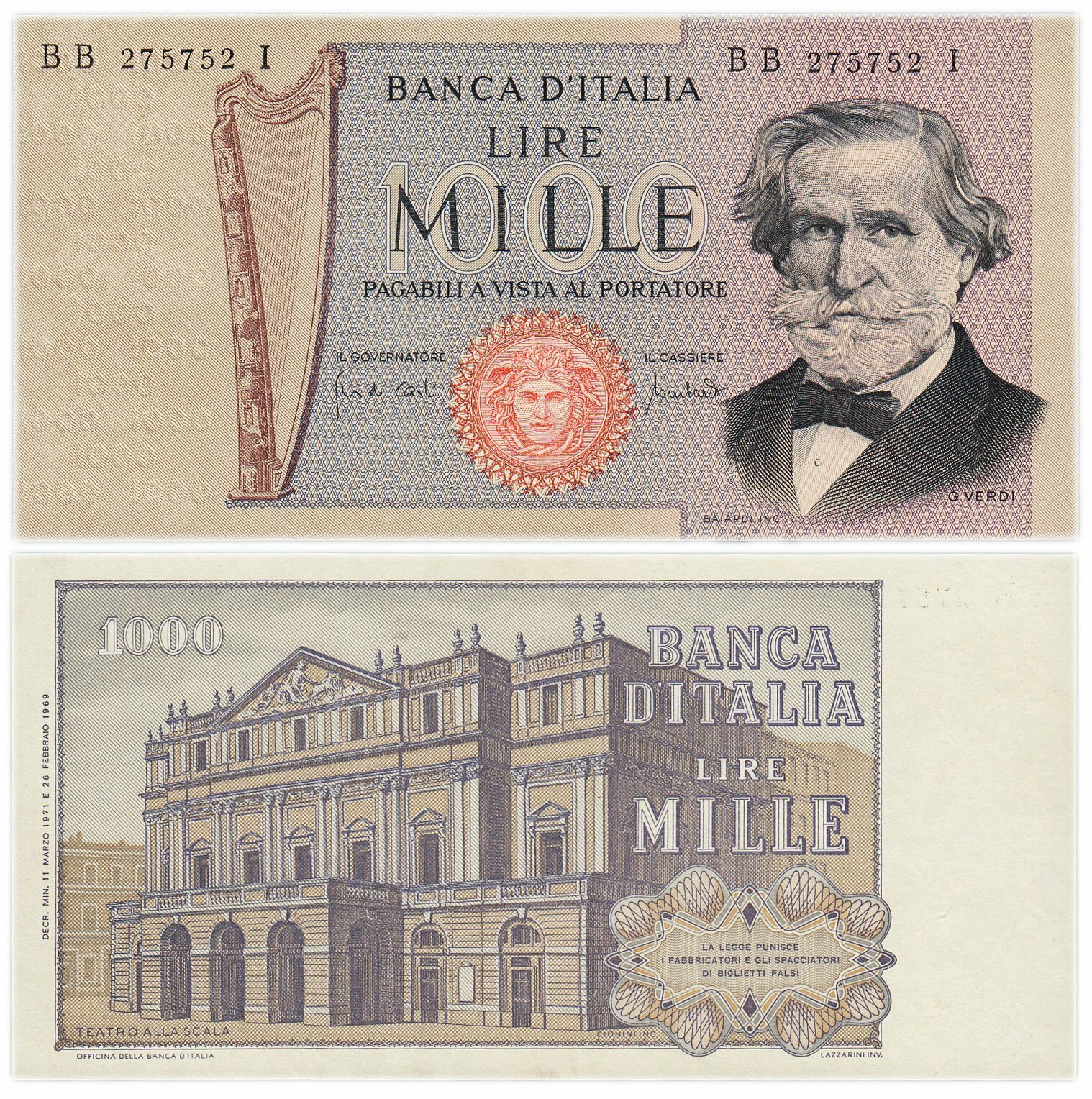 Италия 1000 лир 1969 1973 года