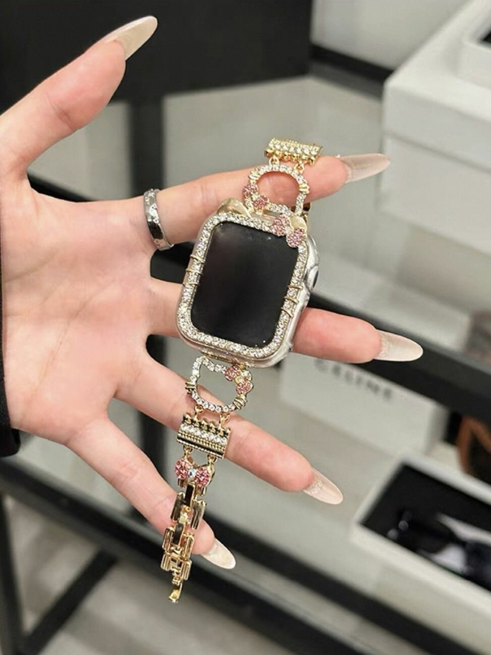 Металлический ремешок с кристаллами для Apple Watch Series 10-11 46 мм , Противоударный чехол защитным бампером со стразами, Hello Kitty