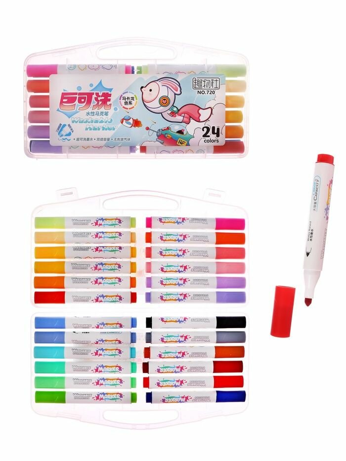 Фломастеры КНР 24 цвета в пластиковом пенале, смываемые водой