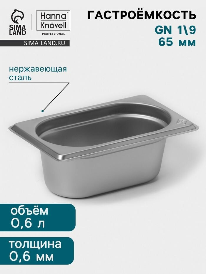 Гастроёмкость GN 1/9 Hanna Kn vell, 65 мм, 176 108 65 мм, толщина 0.8 мм, нержавеющая сталь