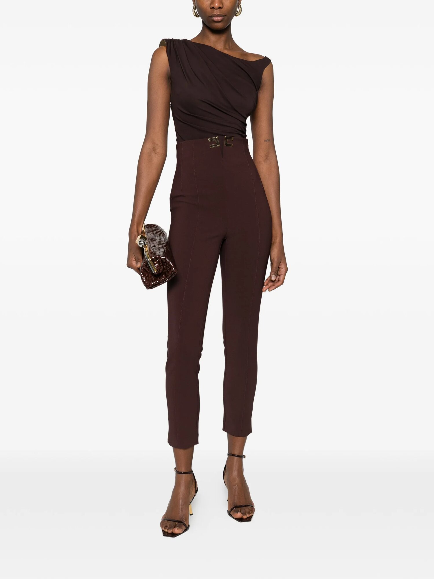 Боди бельевое Elisabetta Franchi Draped one-shoulder bodysuit, размер 40, коричневый — фото 1