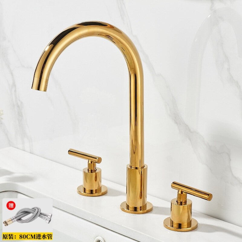 Европейский стиль золотой полностью медный вращающийся трехотверстный смеситель для раковины, трехкомпонентный набор, разделенный двойной ручкой, двойное управление горячей и холодной водой