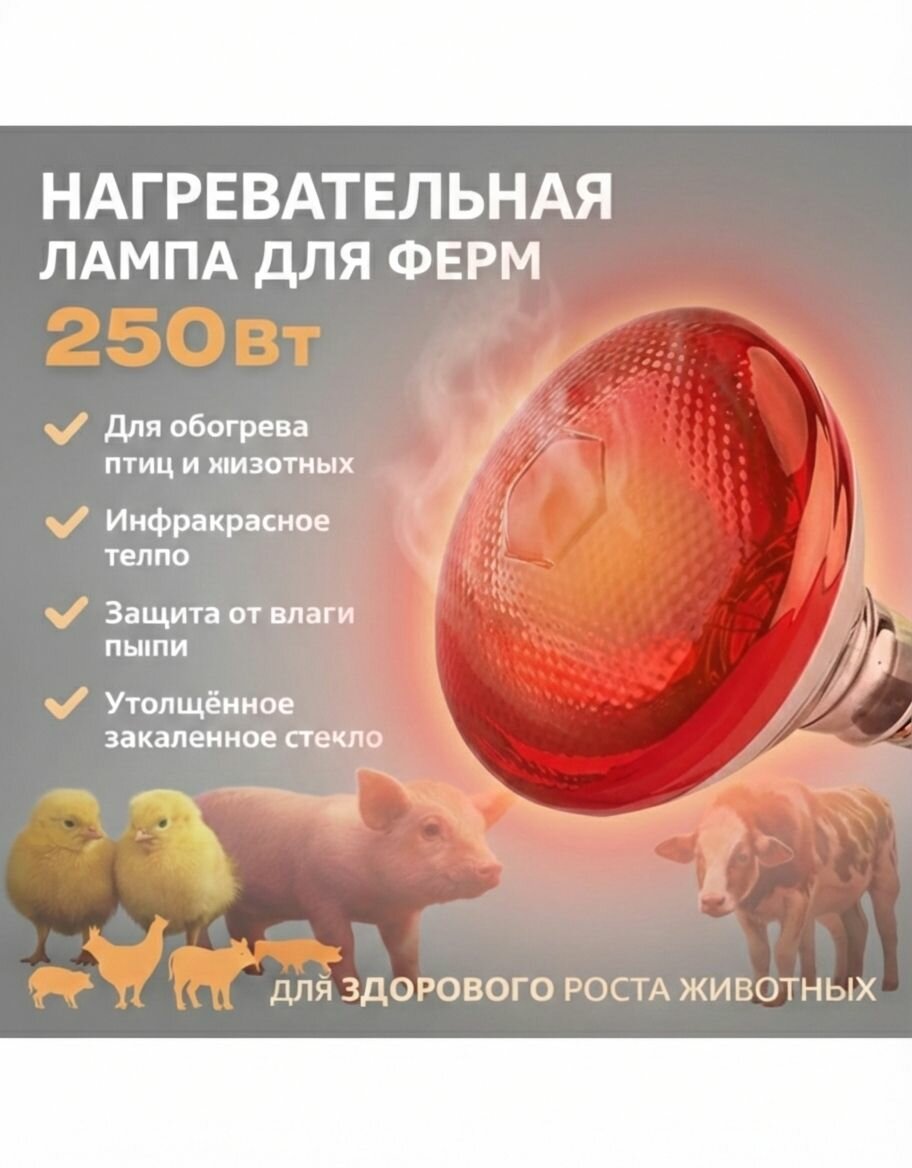 Лампа инфракрасная для обогрева кур, щенков, цыплят, свиней, курятника, брудера/ Лампочка галогенная для животных, растений и теплиц 250 Вт