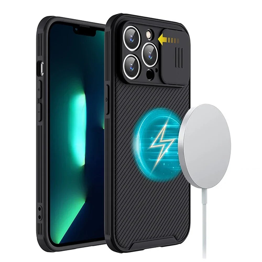 Черный чехол для iPhone 15 с защитой камеры и MagSafe