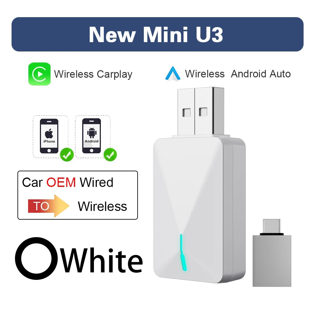 Новый белый мини-адаптер U3 Wireless Carplay и Android автоматический ключ Plug and Play OTA онлайн-обновление BT WIFI Автоматическое подключение Mini U3 White