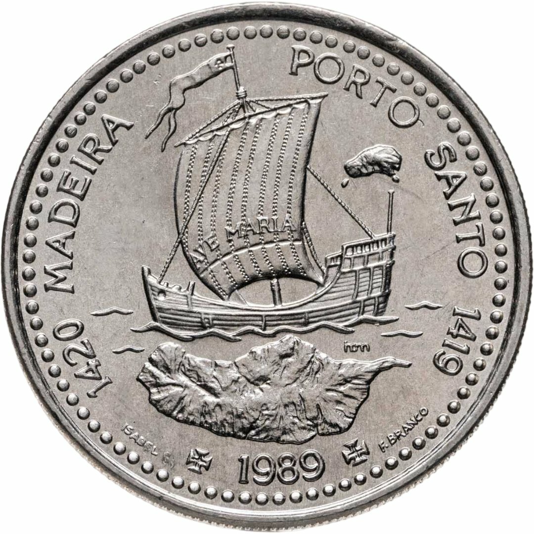 Португалия 100 эскудо escudos 1989 Золотой век открытий - Открытие острова Мадейра, Мельхиор медь-никель, в сохранности AU-UNC