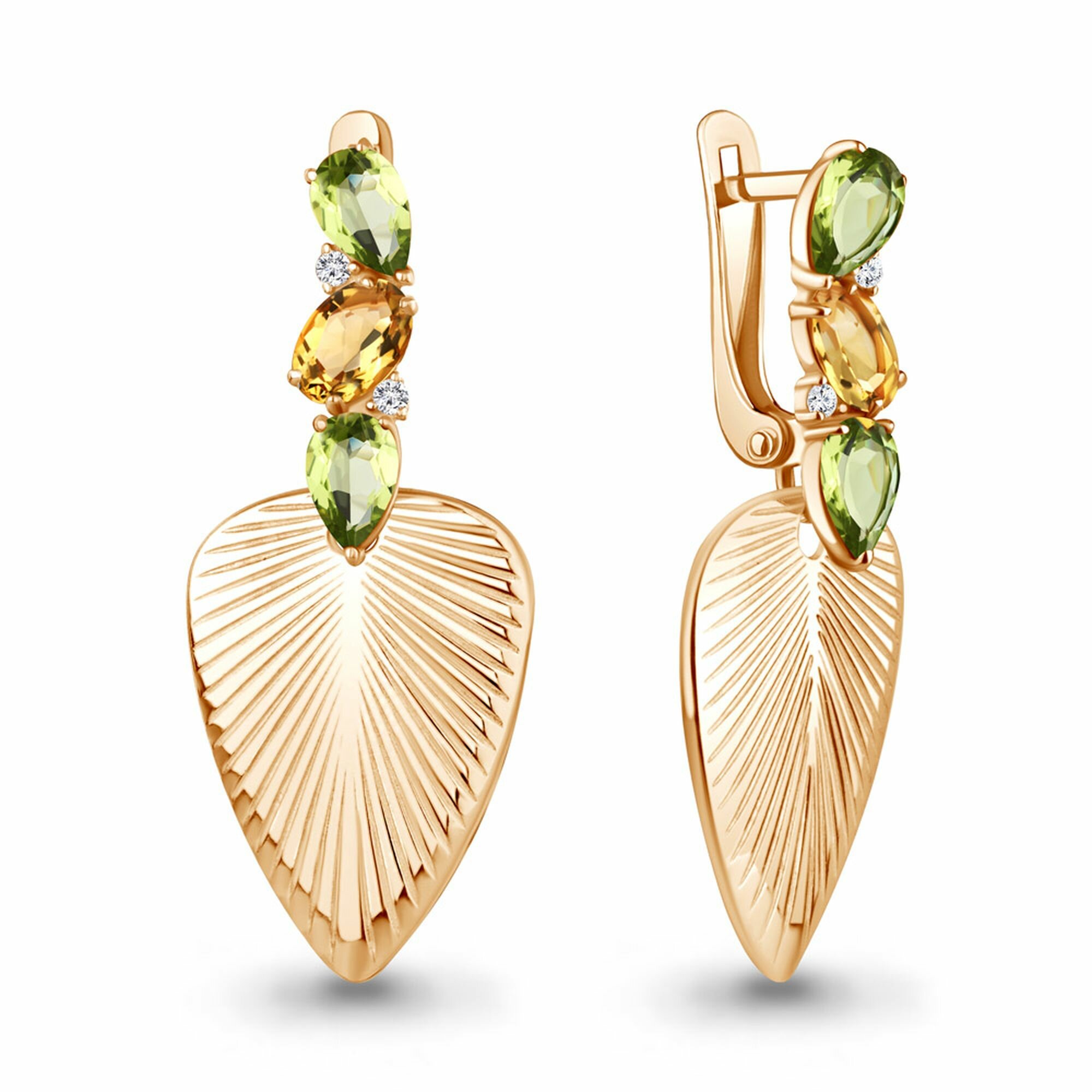 Серьги, серебро, 925 проба, золочение, хризолит, цитрин, фианит