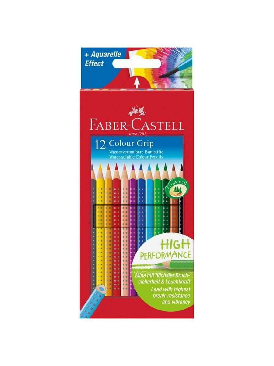 Карандаши цветные Faber-Castell "Grip", 12цв, трехгран, заточен, картон, европодвес, 112412