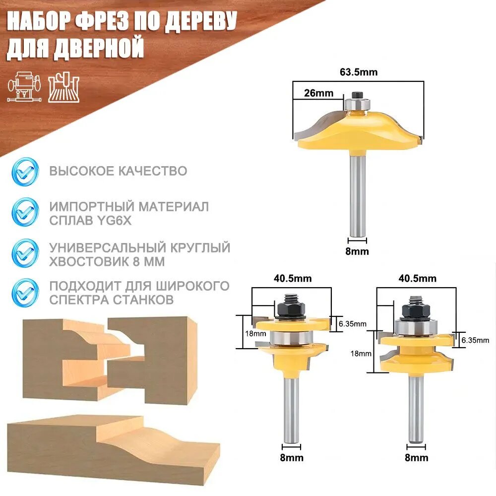 Набор фрез для дверной филёнки. Комбинированная рамочная фреза, 3 шт. Для дерева и пластика. Хвостовик 8 мм, углеродистая сталь.