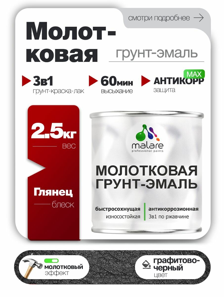 Грунт-эмаль 3 в 1 Malare краска молотковая по металлу, быстросохнущая по ржавчине, глянцевое покрытие, графитово-черный, 2,5 кг