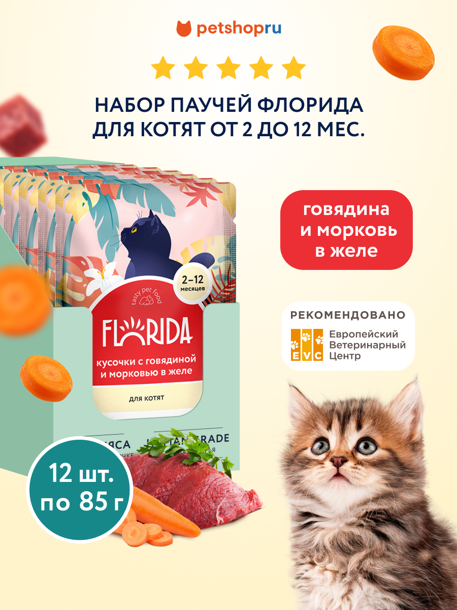 FLORIDA Паучи для кошек, влажный корм для котят, кусочки с говядиной и морковью в желе, набор 12 шт