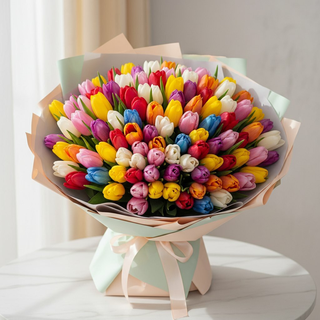 Букет из разноцветных тюльпанов микс 101 шт премиум качество