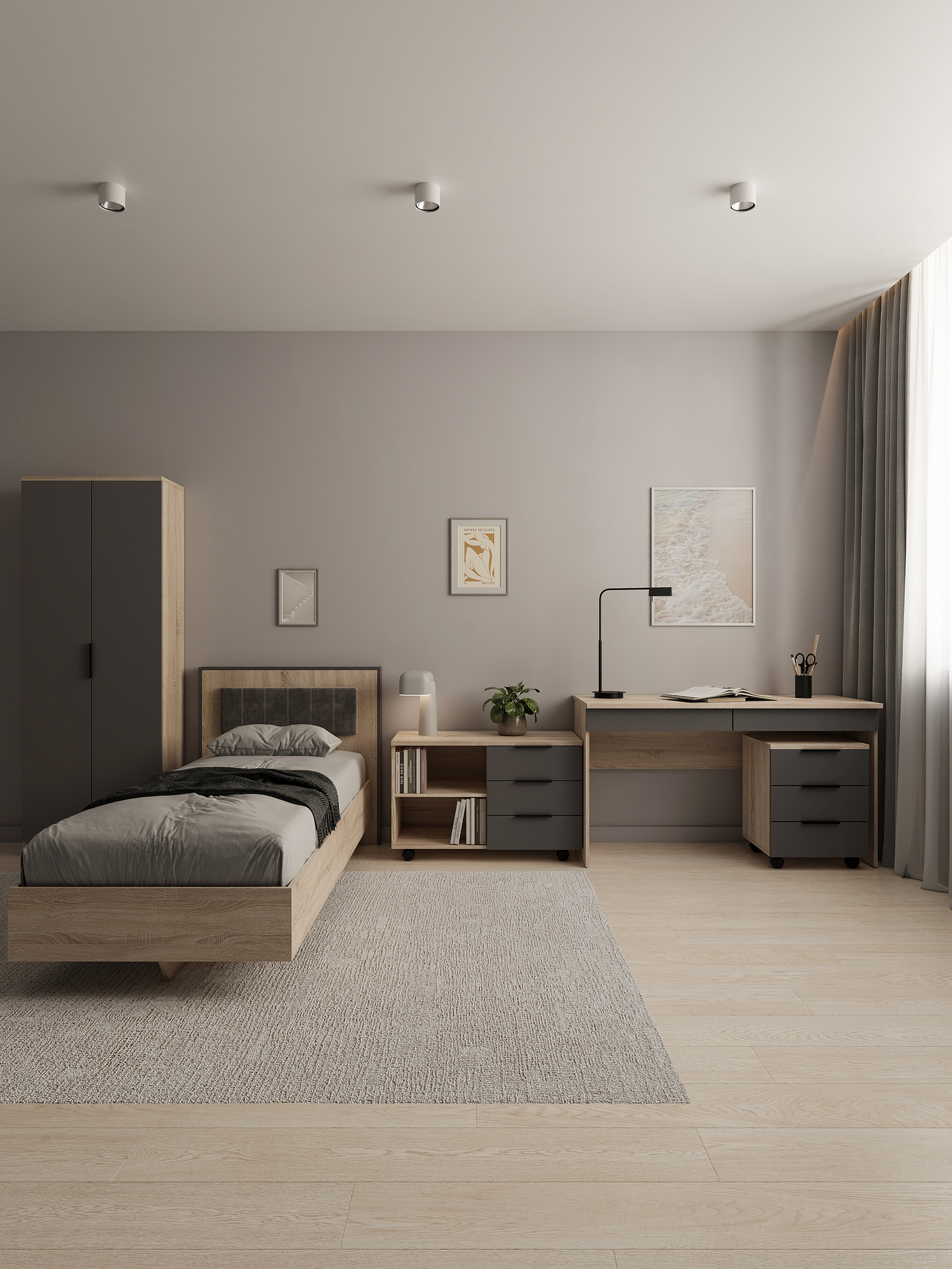 Мебель для спальни A-A MEBEL Оксфорд кровать, стол, тумба с ящиками на колесиках, платяной шкаф