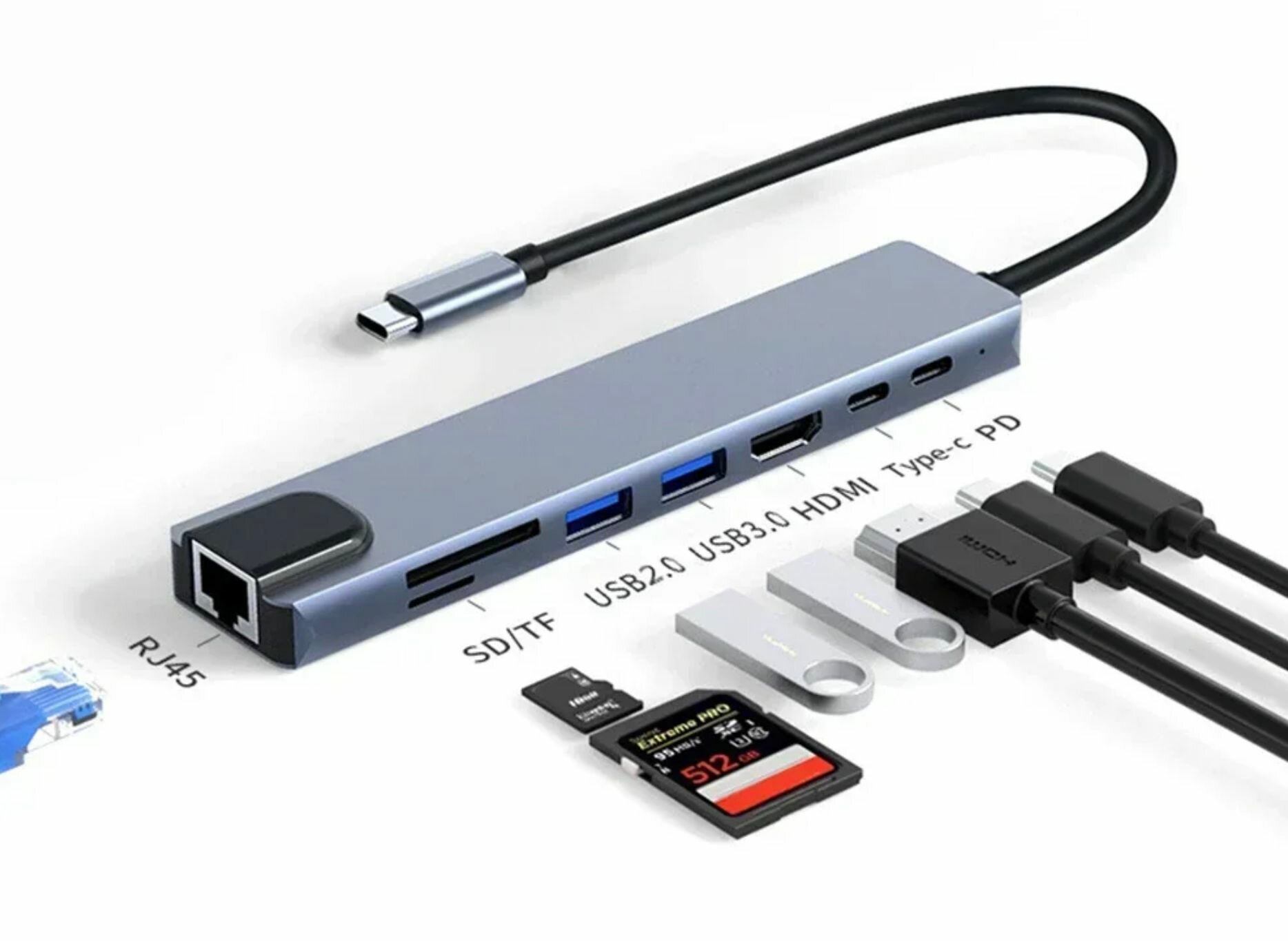 Type-c хаб HDMI 4K@30Hz USB 3.0 USB 2.0 TF-SD card usb-c PD100W LAN RJ45 usb-c разветвитель 8в1 для notebook , MacBook