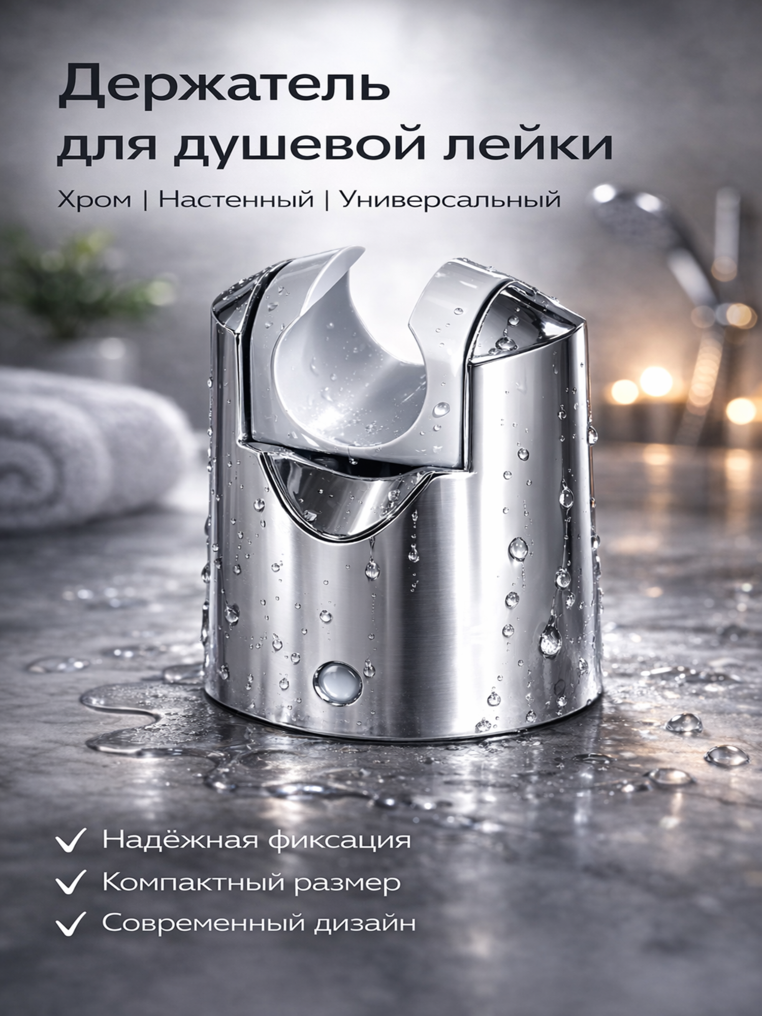 Держатель для душевой лейки GRANGE настенный хромированный, универсальный кронштейн для ручного душа / Код 13098