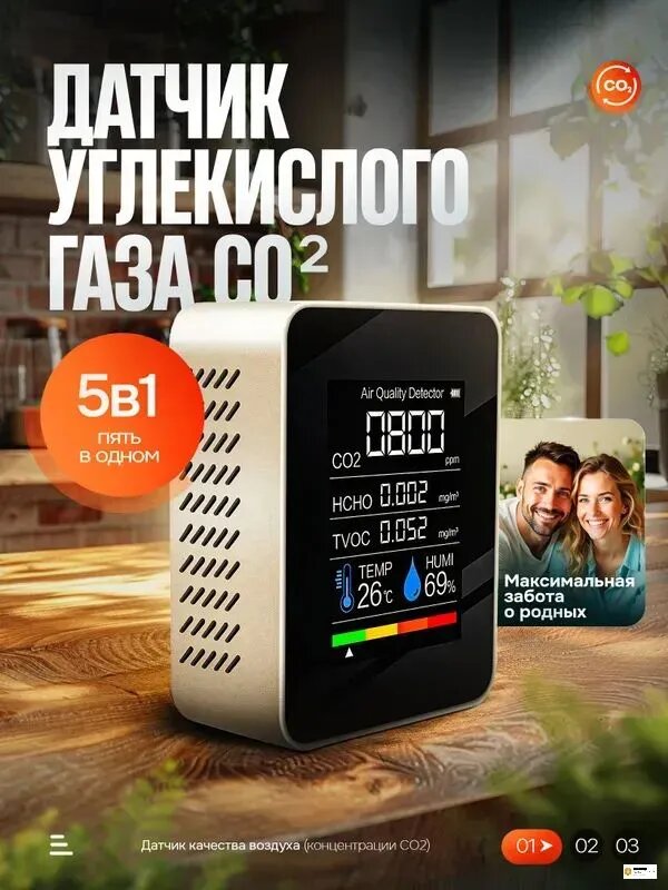 Датчик качества воздуха 5в1 для дома: мониторинг CO2, формальдегида, PM2.5, VOC, влажности и температуры