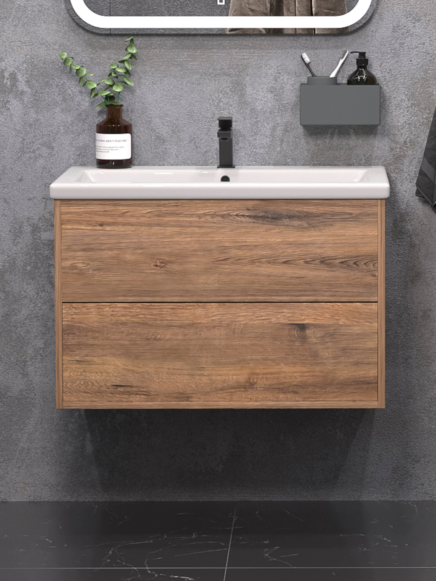 Тумба подвесная SanStar Siva 80 с раковиной Como 80 (комплект) для ванной комнаты, Дуб веллингтон табак