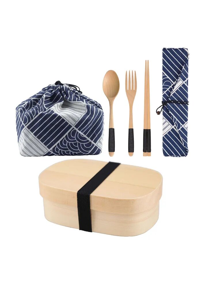 Контейнер пищевой "Деревянная коробка для ланча, Деревянный бокс для бенто, японский стиль, двухслойный ланч-бокс", 1 шт