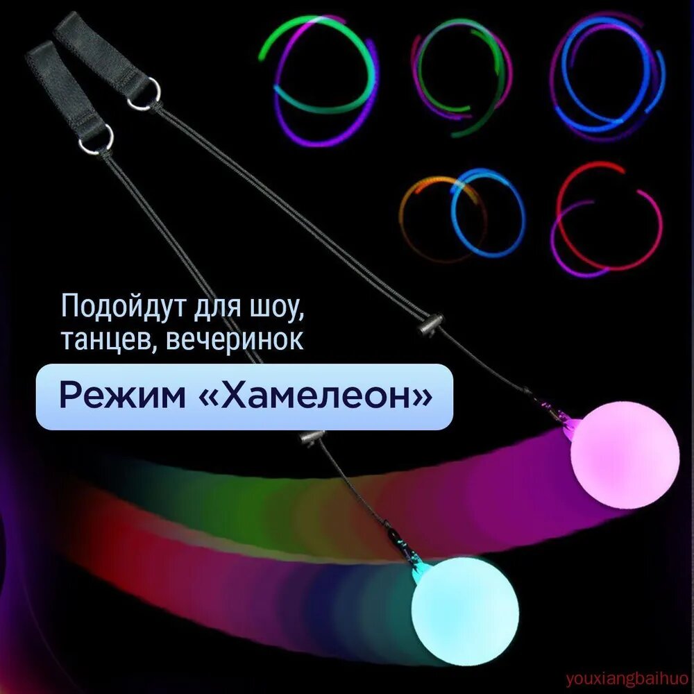 Светодиодные пои для выступлений, 8 режимов свечения, комплект из 2 штук, с мешочком для хранения — фото 1