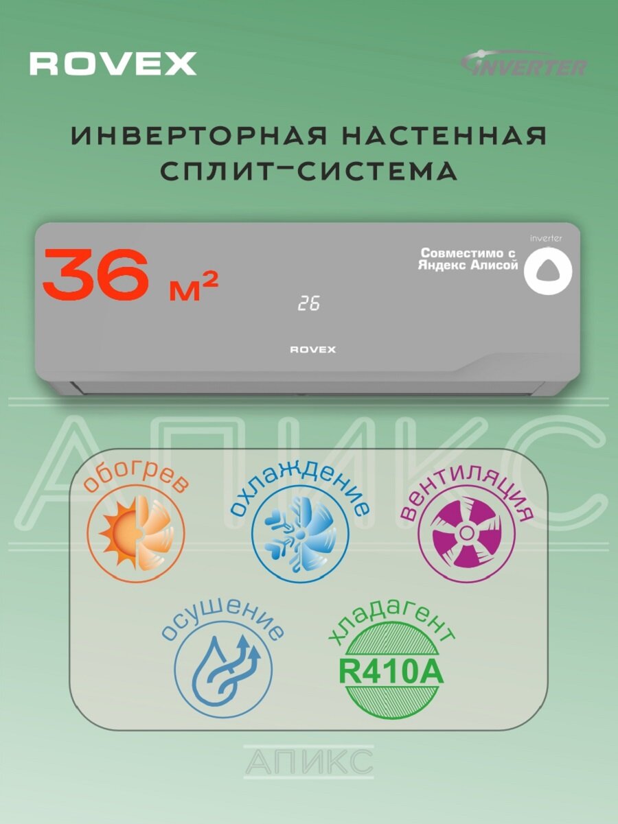 Сплит-система инверторная 12 ROVEX RS-12CBS5 PRO grey , бытовой кондиционер, до 36 м2, серый