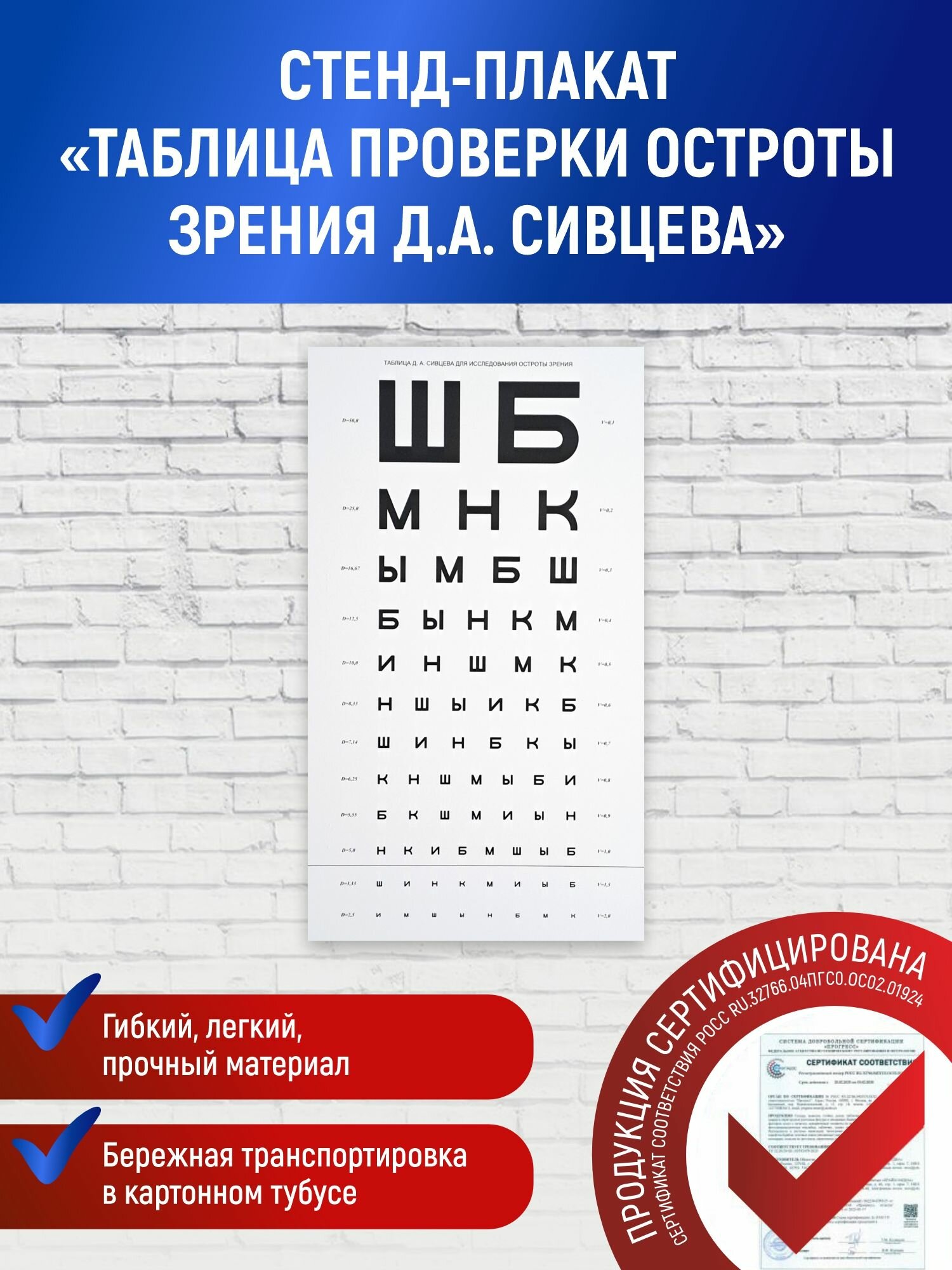 Таблица для проверки зрения Сивцева/ таблица Сивцева офтальмологическая, плакат пэт + печать, 500х300 мм