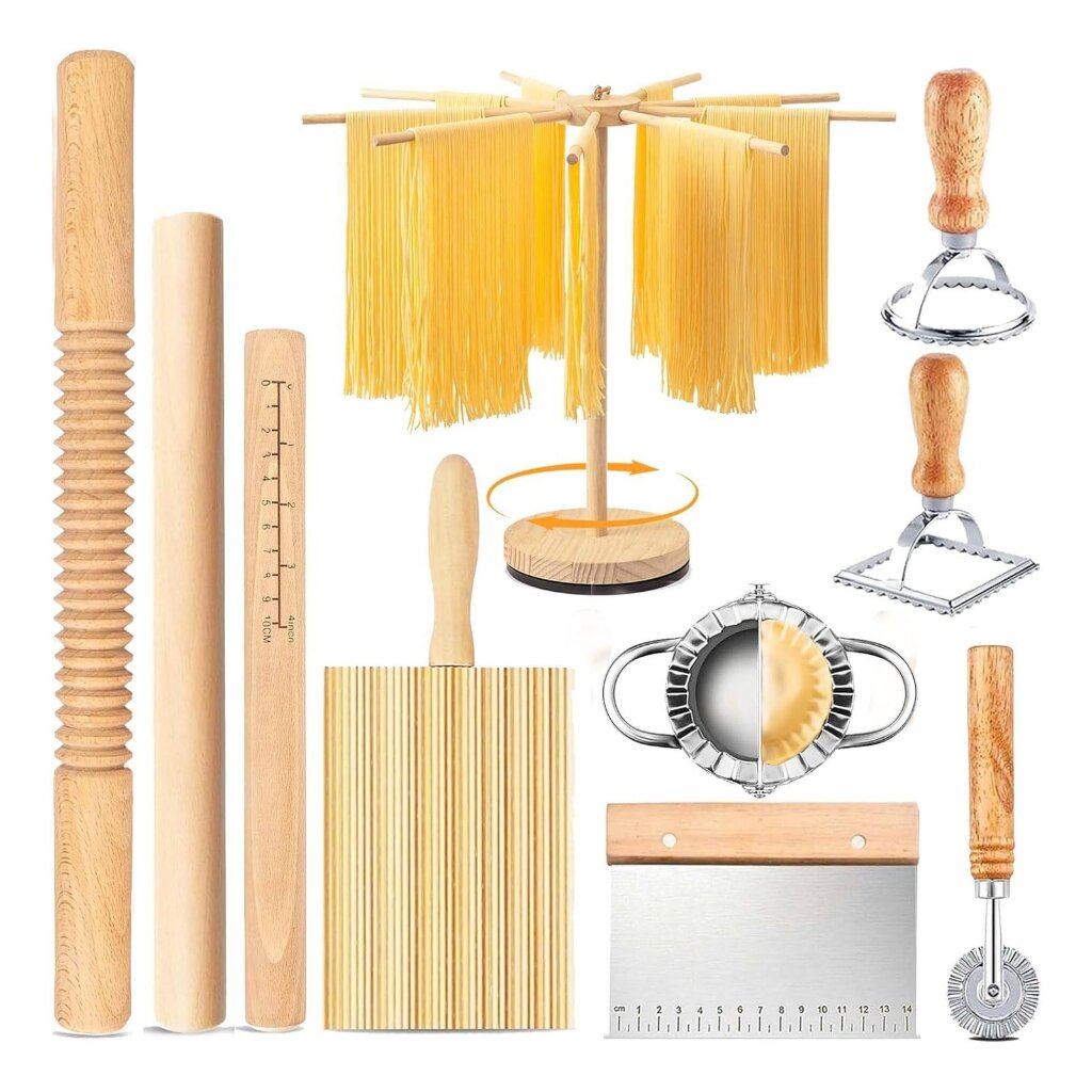 10шт Набор Инструментов Для Приготовления Деревянной Пасты с Доской для Ньокки Сушилкой Для Приготовления Клецек, Резаком Для Равиоли, Скалкой, Штампами Для Пасты