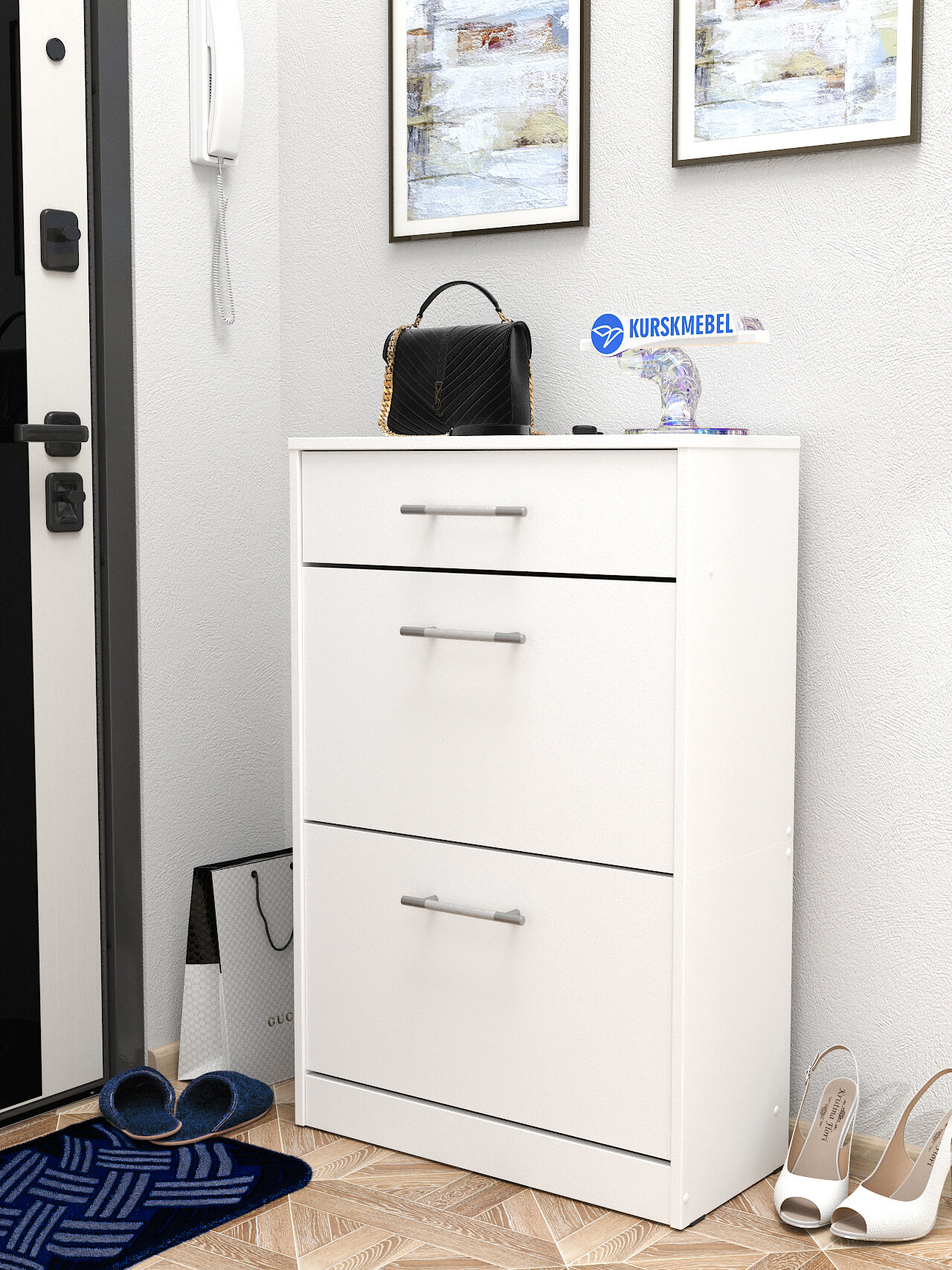 Обувница Курскмебель №9, белая, ЛДСП, с ящиком, 93.6x61.2x27.6 см