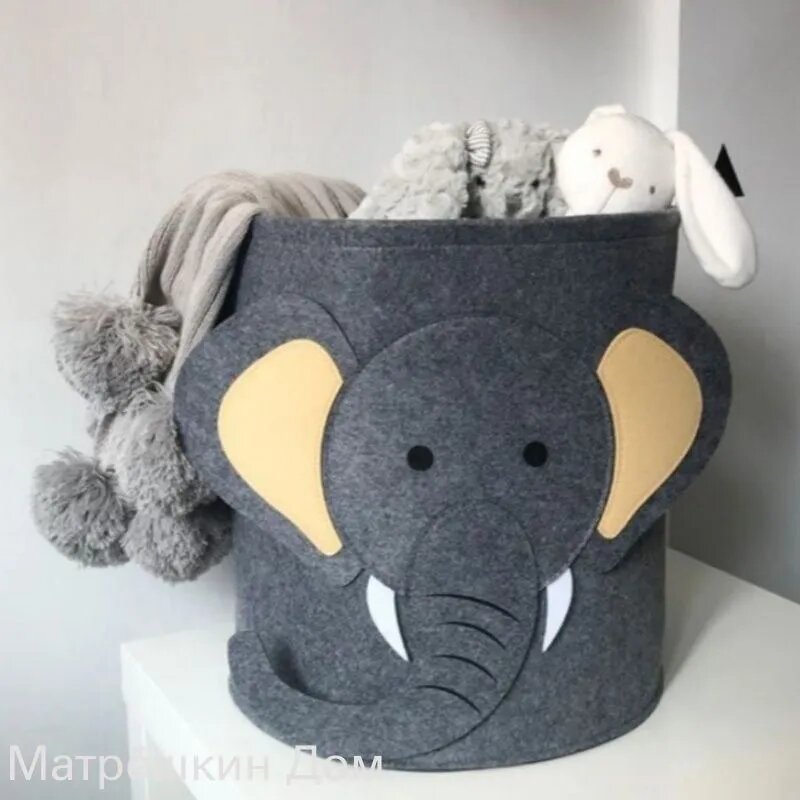 Корзина для игрушек из фетра серого цвета с дизайном слоника для хранения игрушек в детской комнате