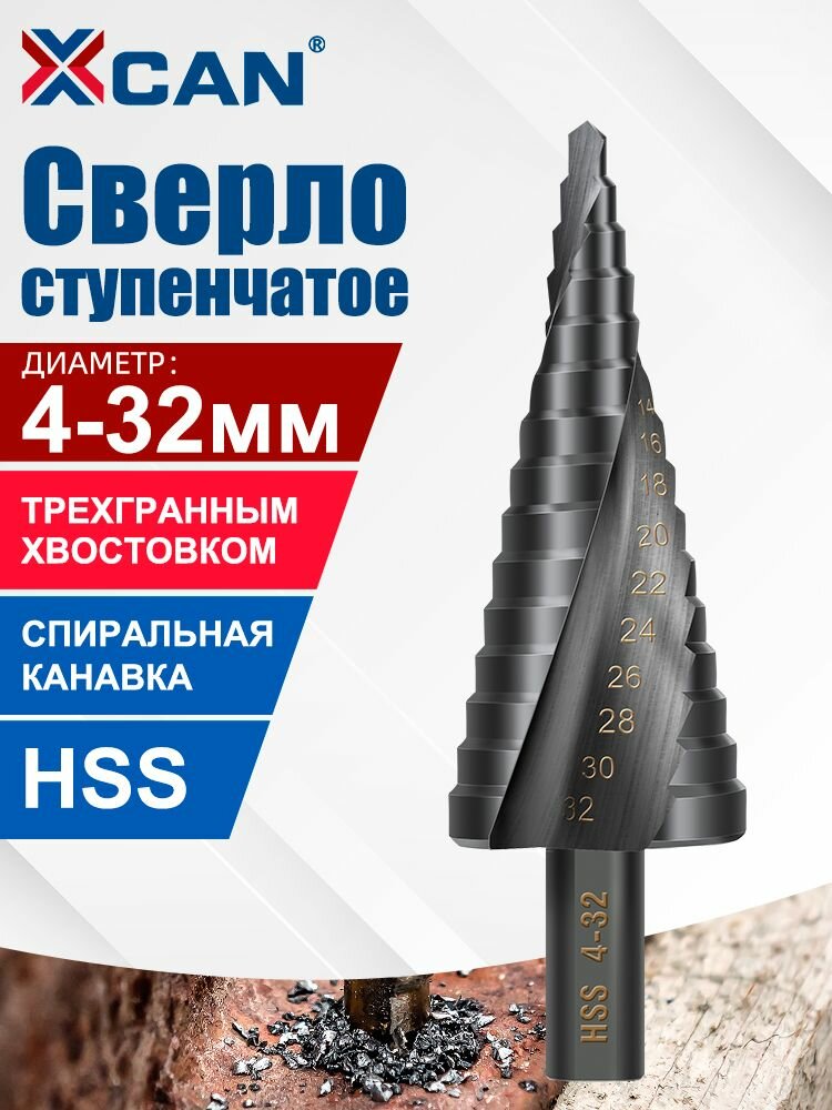 Сверло ступенчатое по металлу спиральное XCAN, 4-32 мм, покрытие TiCN с трёхгранным хвостовиком ступенчатое спиральное TiCN покрытие трёхгранный хвостовик 4-32 мм