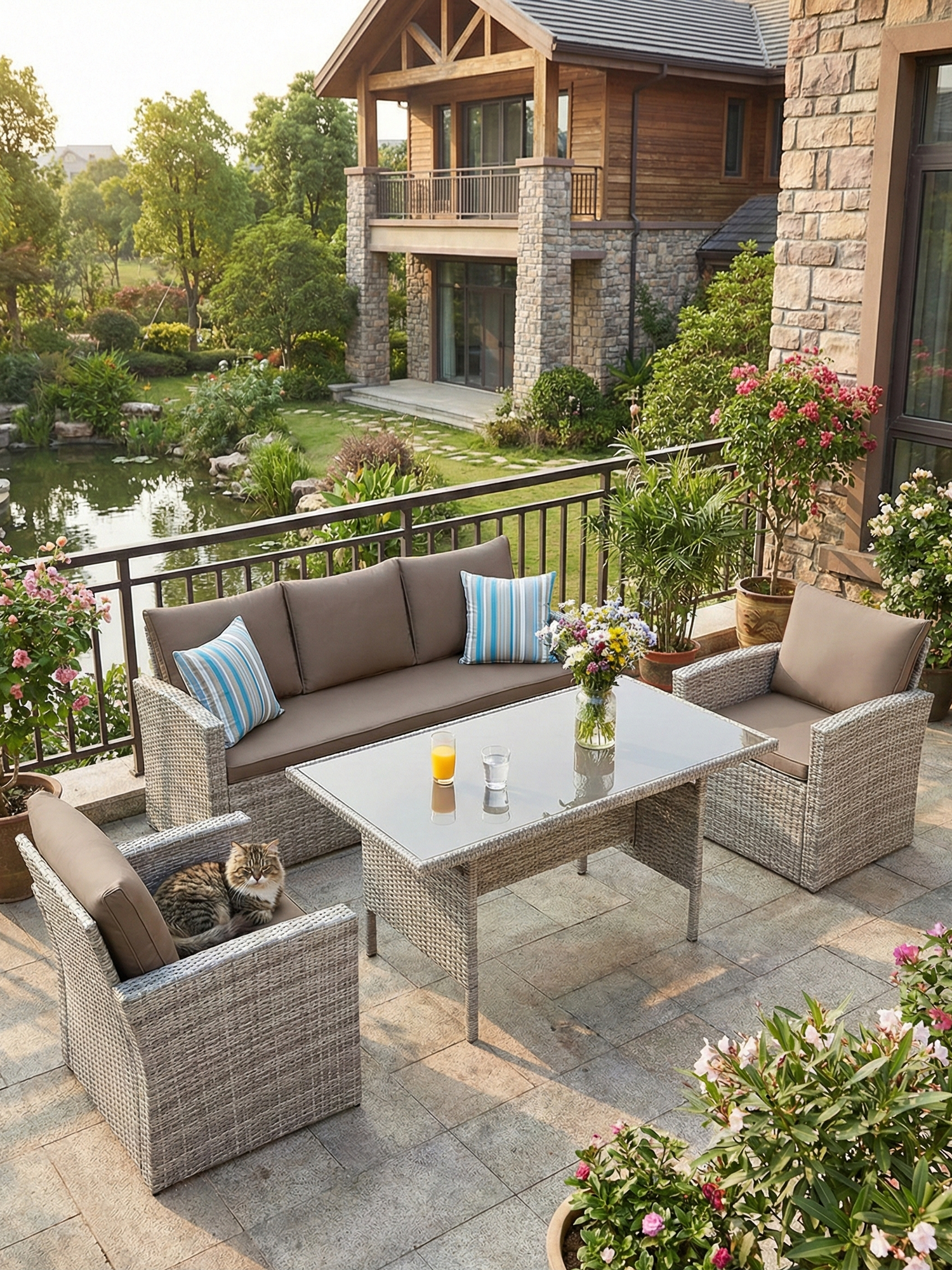 Комплект садовой мебели для дачи Римини-5, классик из искусственного ротанга, серо-бежевый