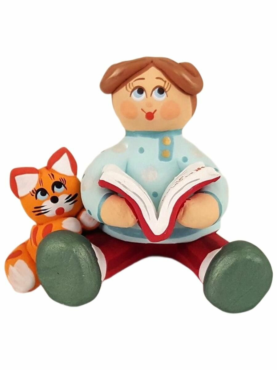 Мальчик с книгой и котенком, Ковровская глиняная игрушка, ручная авторская работа