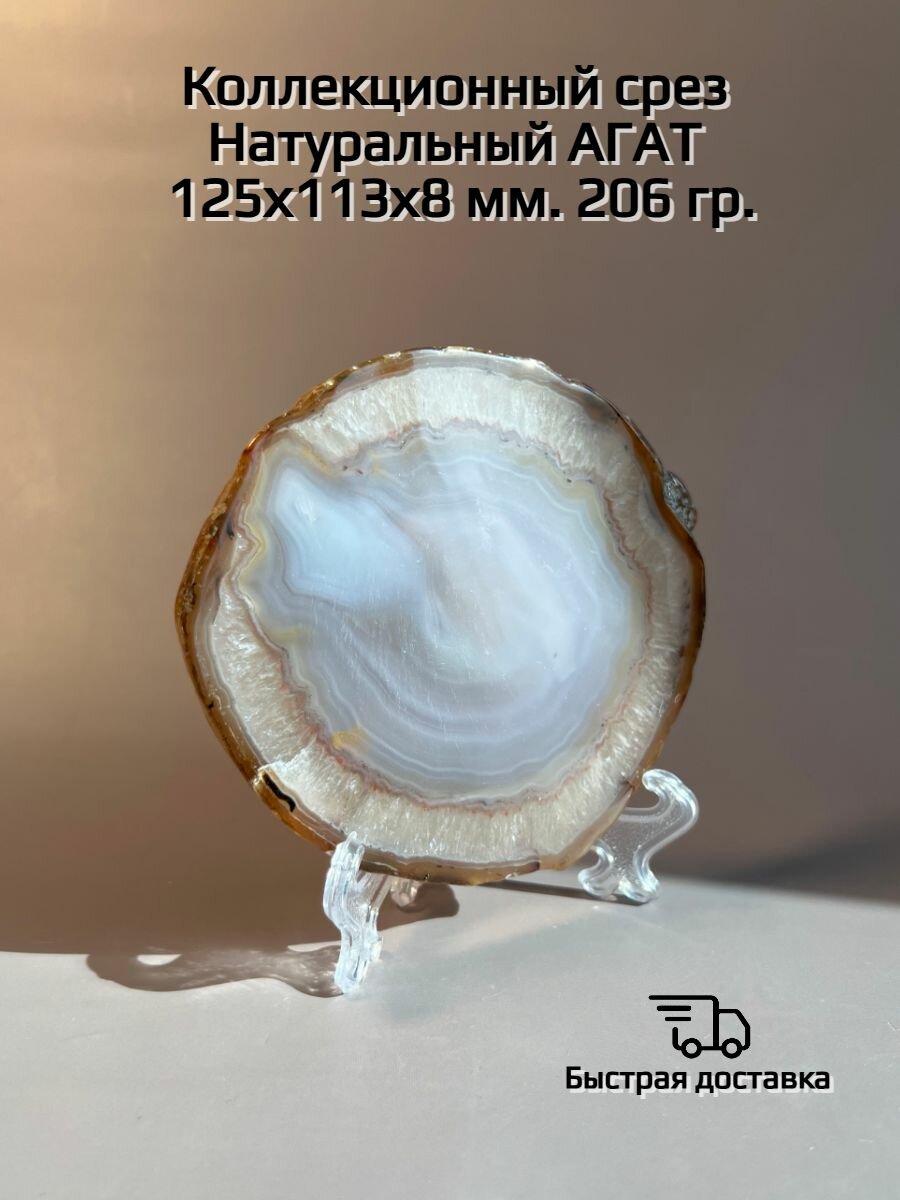 Коллекционный срез натурального камня Агат. 125х113х8 мм. 206 гр.