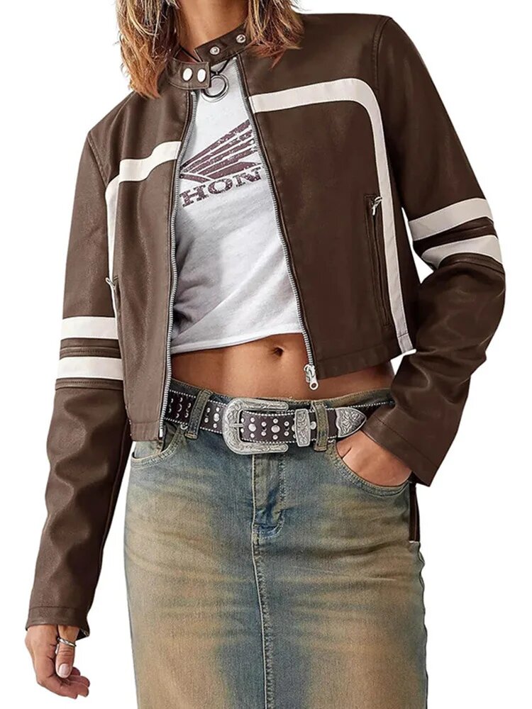 Женская мотокуртка bywindto короткая из искусственной кожи S, Dark Brown