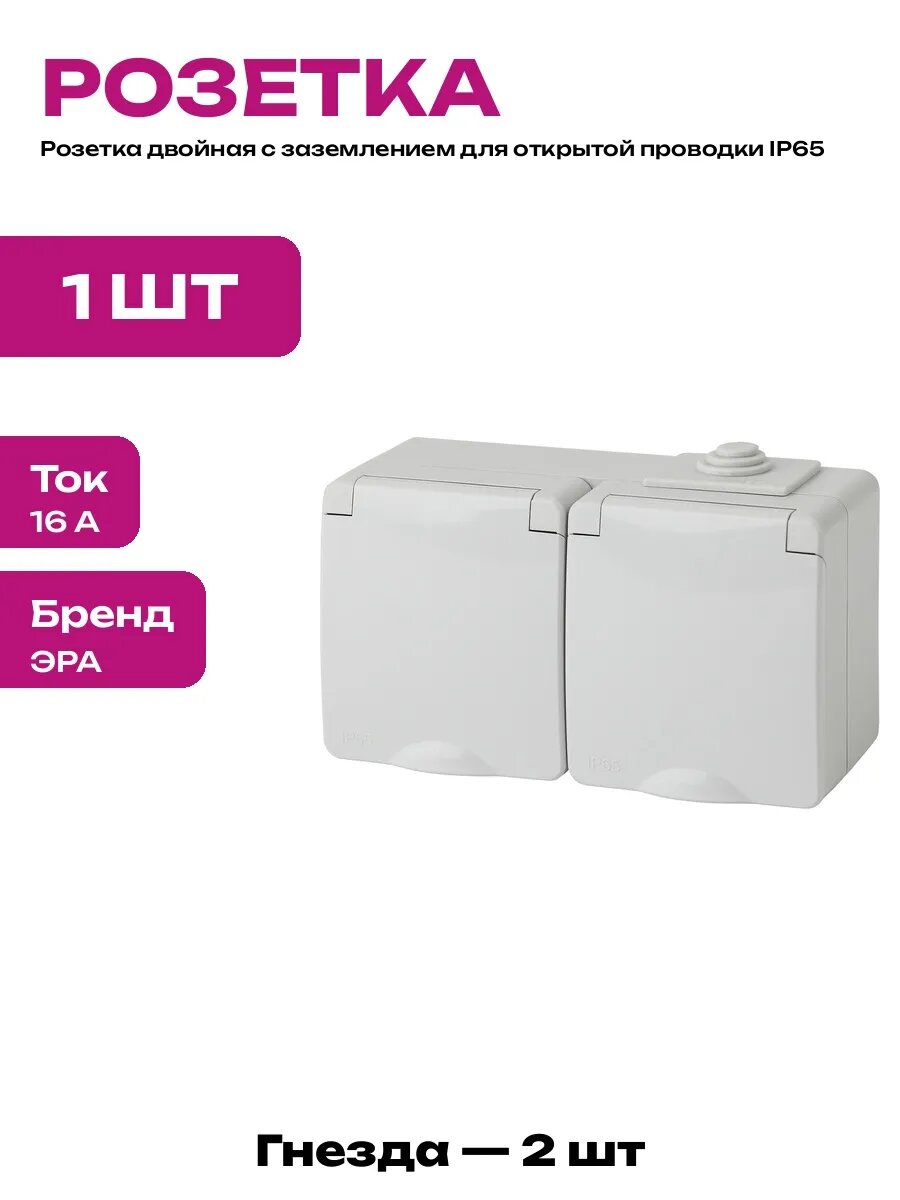 Розетка двойная с заземлением накладная серая IP65 16А 250В