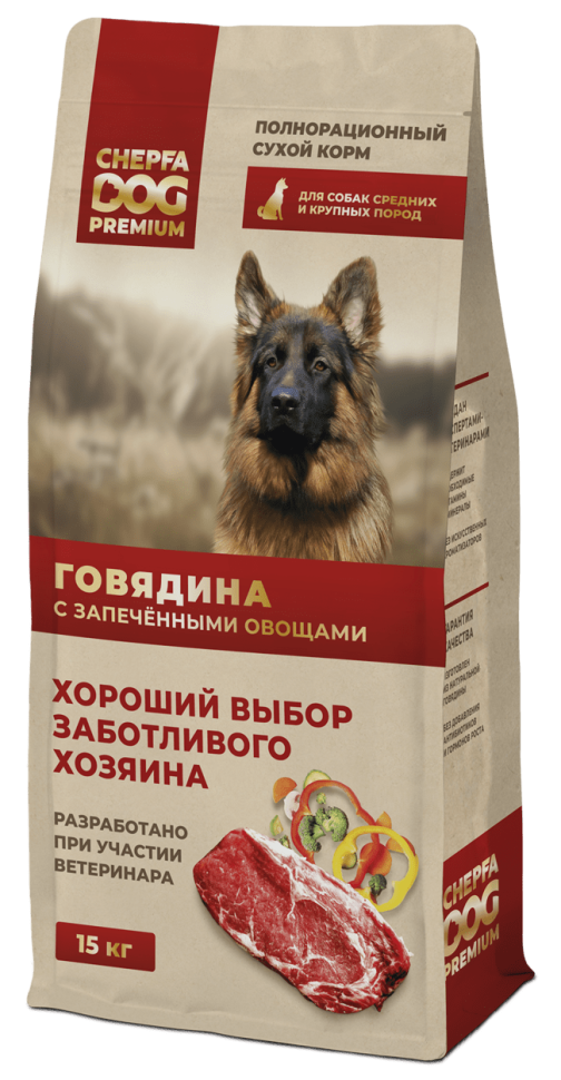 Сухой корм Chepfa Premium для взрослых собак средних и крупных пород, с говядиной и запеченными овощами - 15 кг
