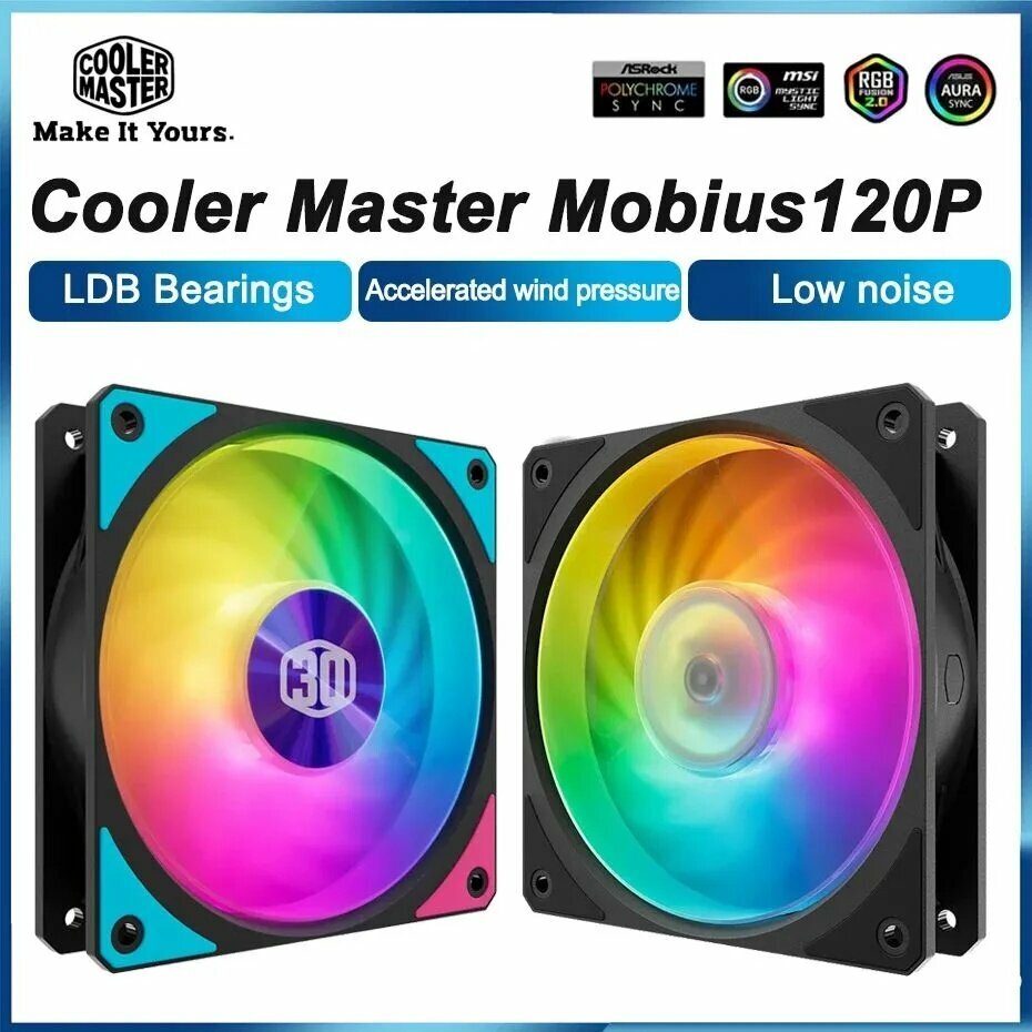 Cooler Master Mobius120P Black/White Вентилятор корпуса ПК 120 мм 5V/3PIN Argb, бесшумный процессорный радиатор Ldb с 30-летним юбилейным выпуском