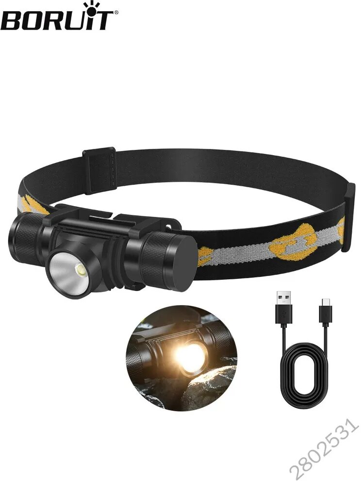 Boruit Фонарь-прожектор LED, 1000 люмен, черный, для туризма, с аккумулятором и USB-зарядкой, IPX4