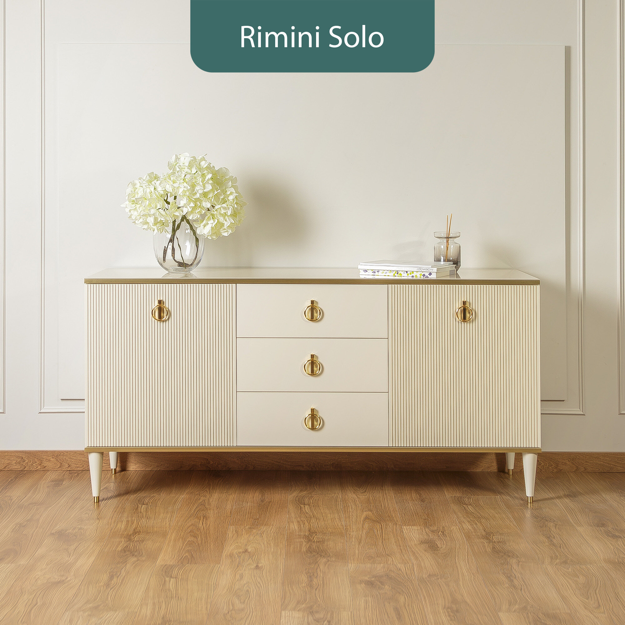 Комод для гостиной 1.6 Rimini Solo. Слоновая кость/золото
