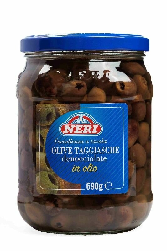 Оливки NERI Таджаске в подсолнечном масле без косточки /стекло/ 690/360г