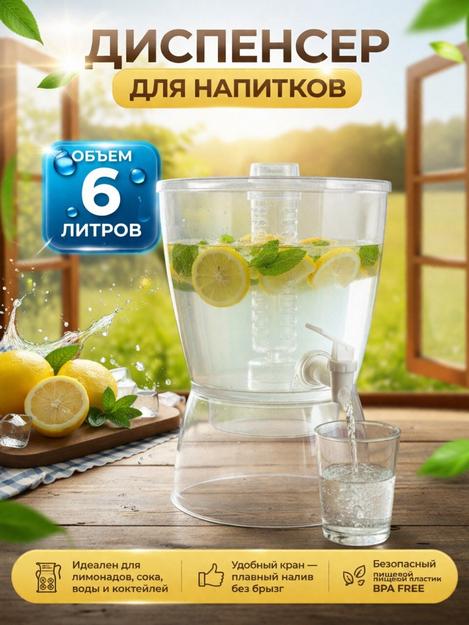 Лимонадница с краном 6 литров со съёмным отсеком для льда