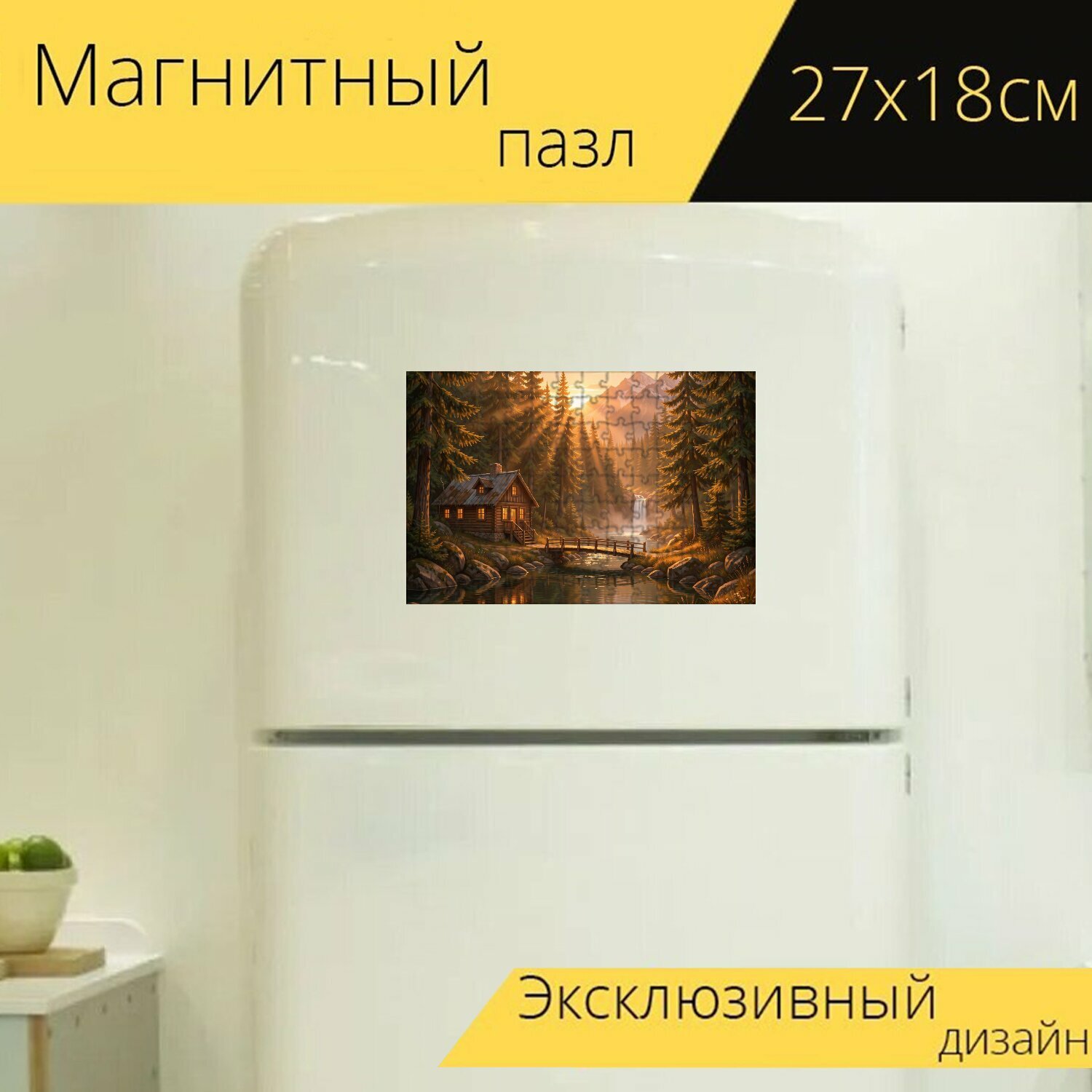 Магнитный пазл "Лесной дом у водопада. Уютный деревянный домик среди хвойного леса у горной реки, мостик и водопад в лучах заката. Тёплые золотые." на холодильник 27 x 18 см.